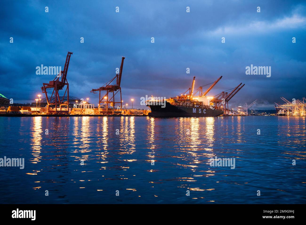 Ship in commercial dock at sunset, Seattle, Washington State, USA Stock ...