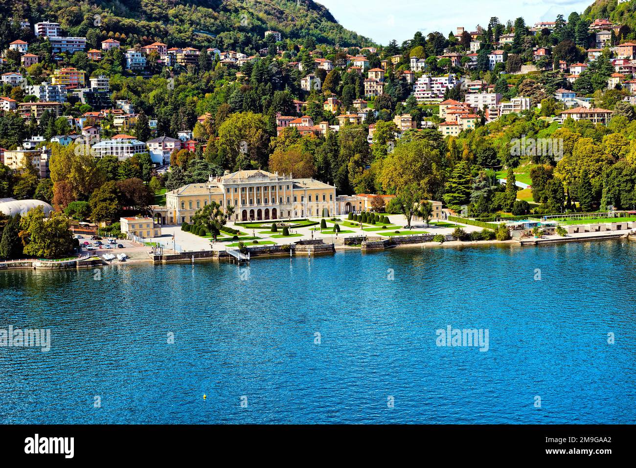 Distant view of Villa Olmo on shore of Lake Como, Como, Lombardy, Italy ...