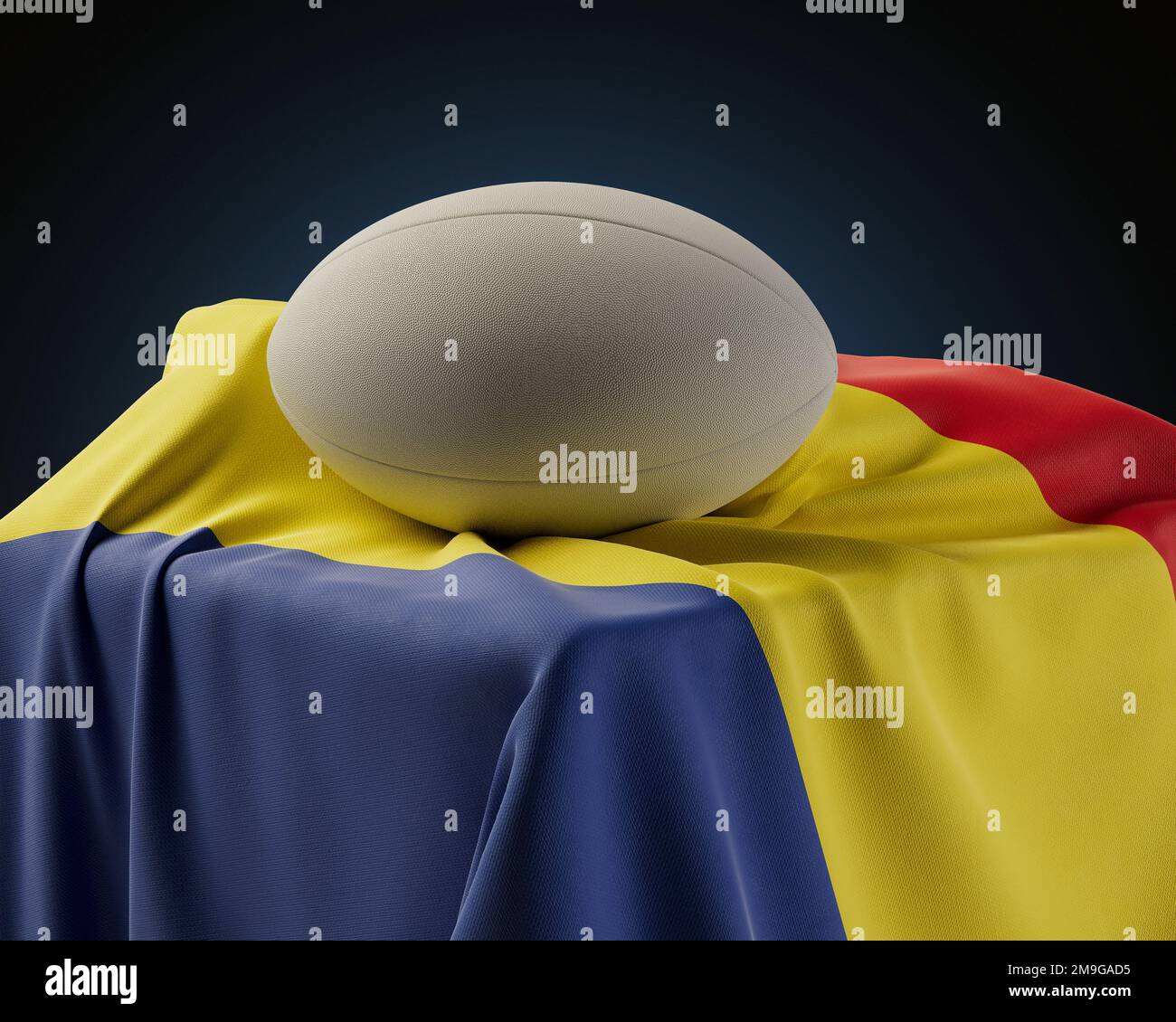 A regular rugby ball resting on a Romania flag draped over a plinth on ...