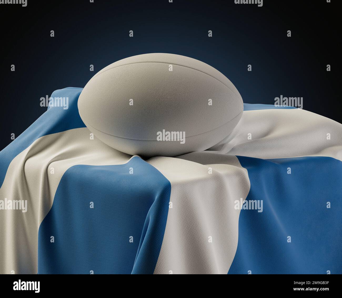 A regular rugby ball resting on a Scotland flag draped over a plinth on ...