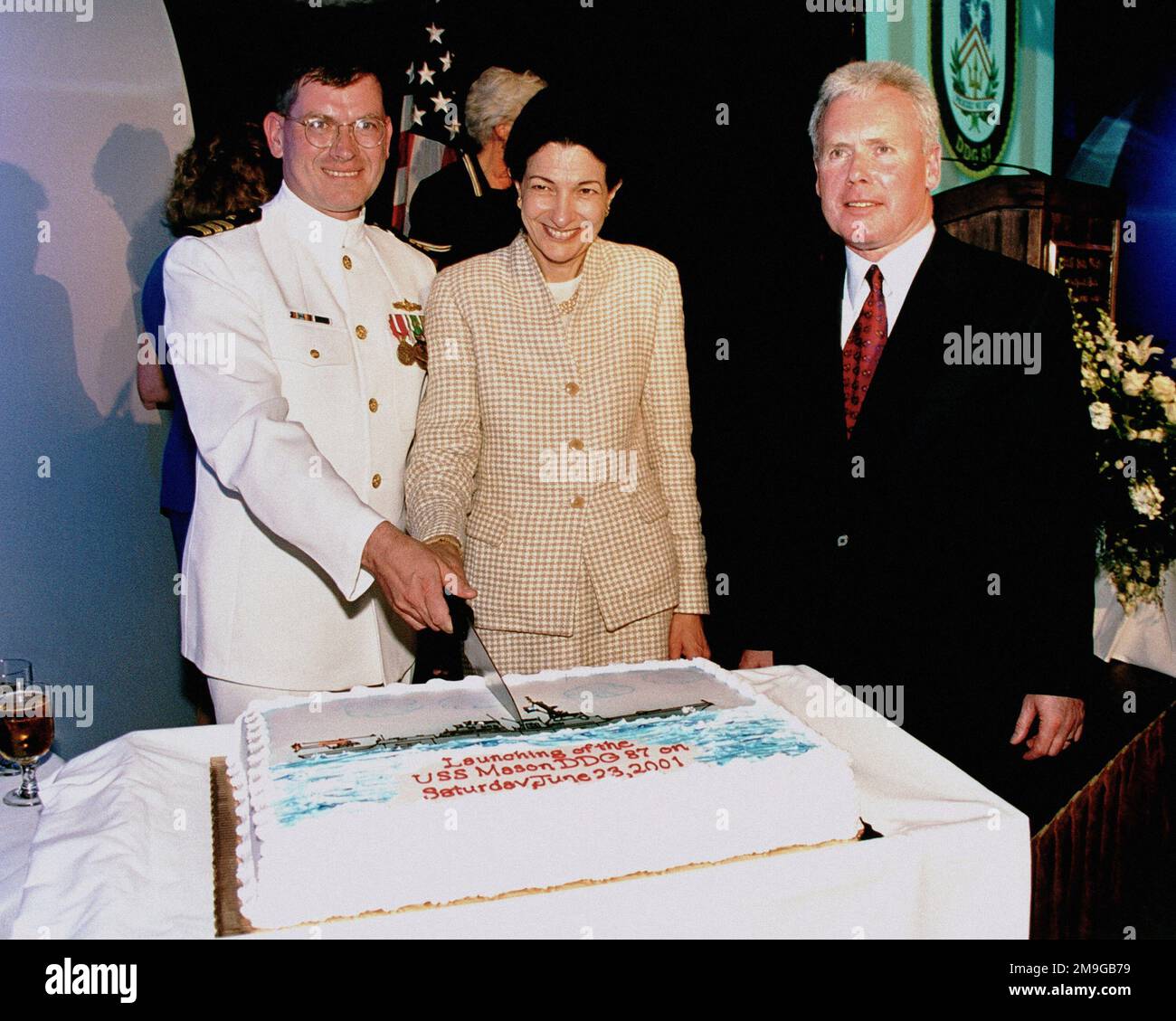 A view of the official cake cutting ceremony following the christening ...