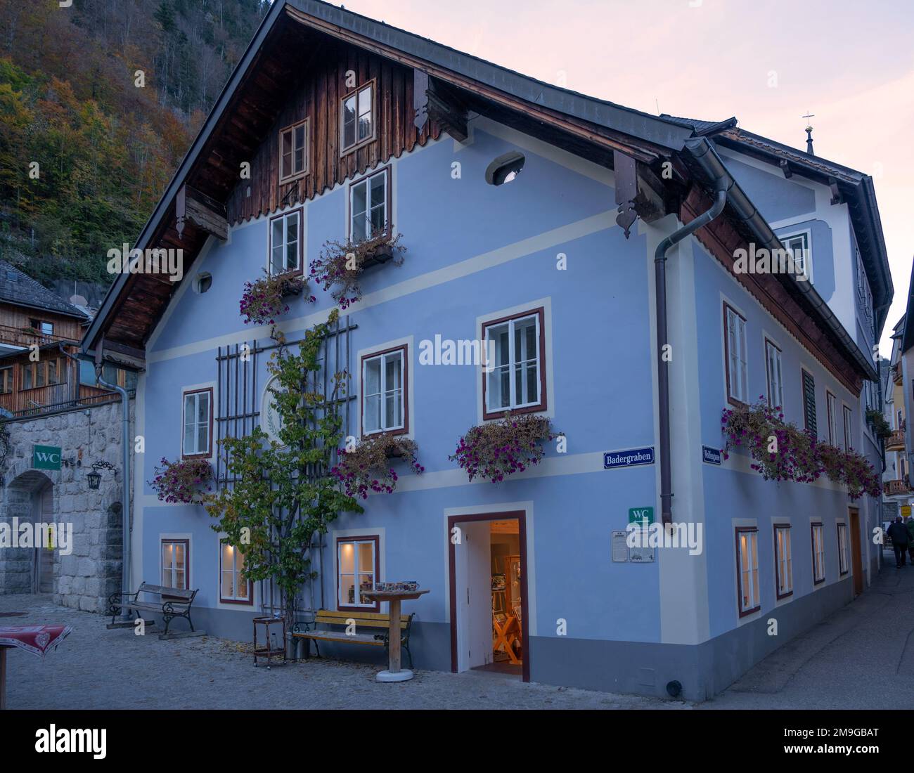 Hallstatt, Austria. View of multi colored wooden chalet houses and ...