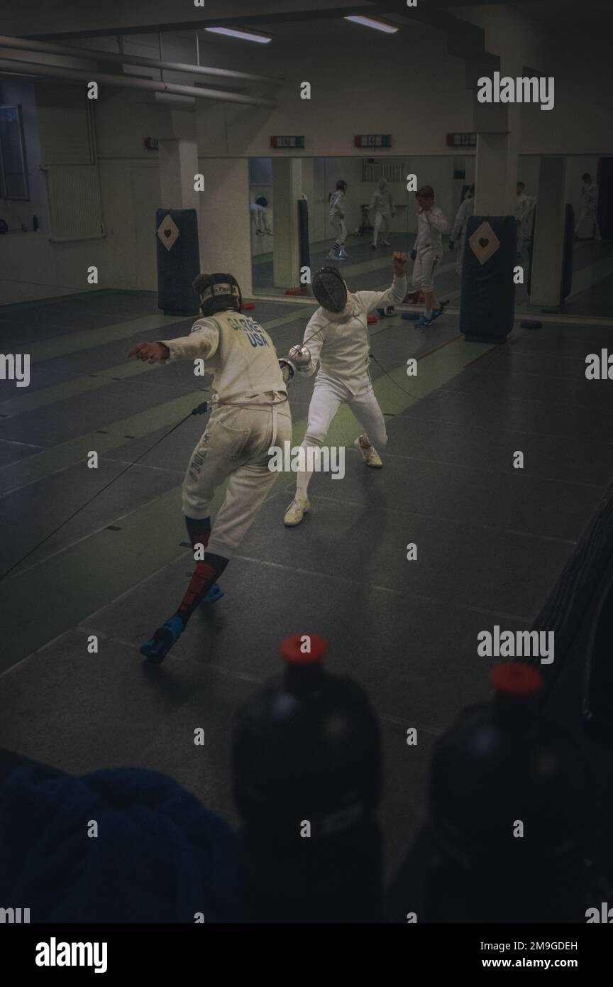 The male contestants practicing forf the International fencing cup in ...