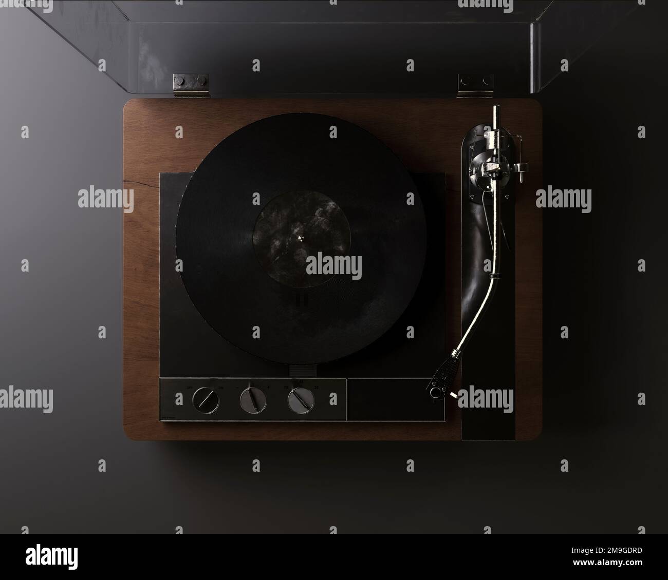 A 3D render of a turntable record player with a tone arm in a moody ...