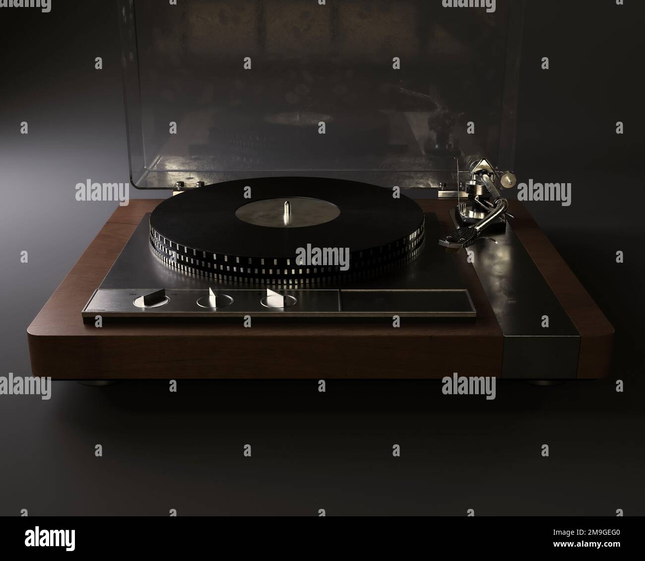 A 3D render of a turntable record player with a tone arm in a moody ...