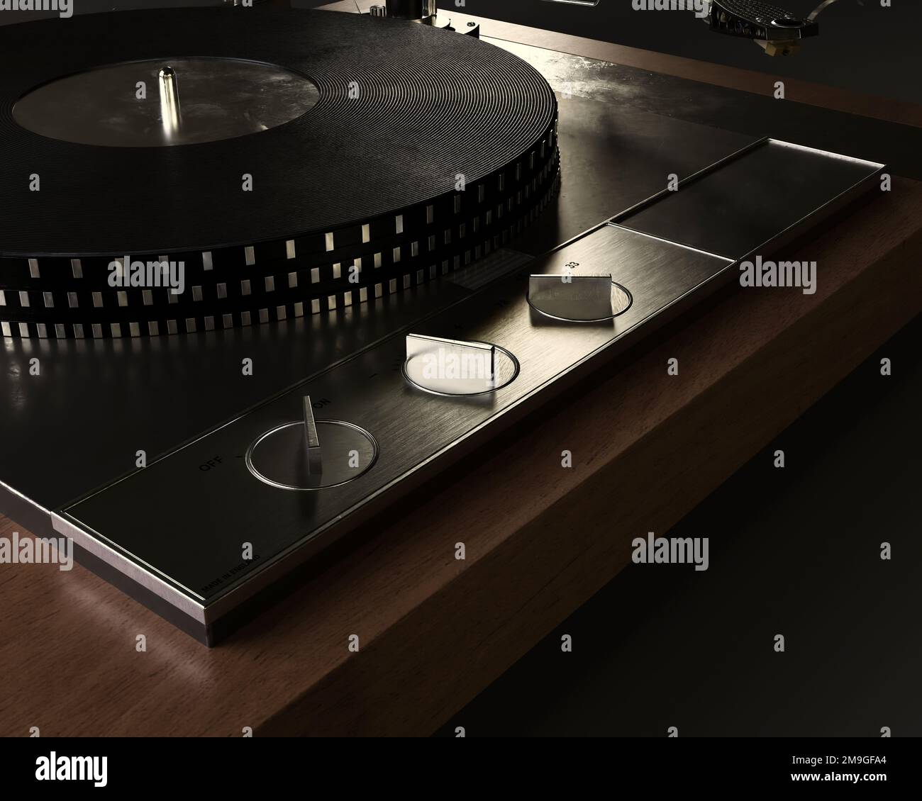 A 3D render of a turntable record player with a tone arm in a moody ...