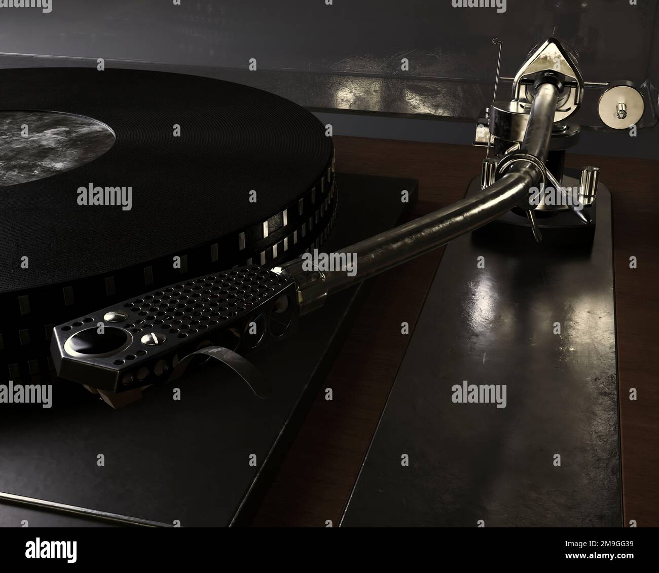 A 3D render of a turntable record player with a tone arm in a moody ...