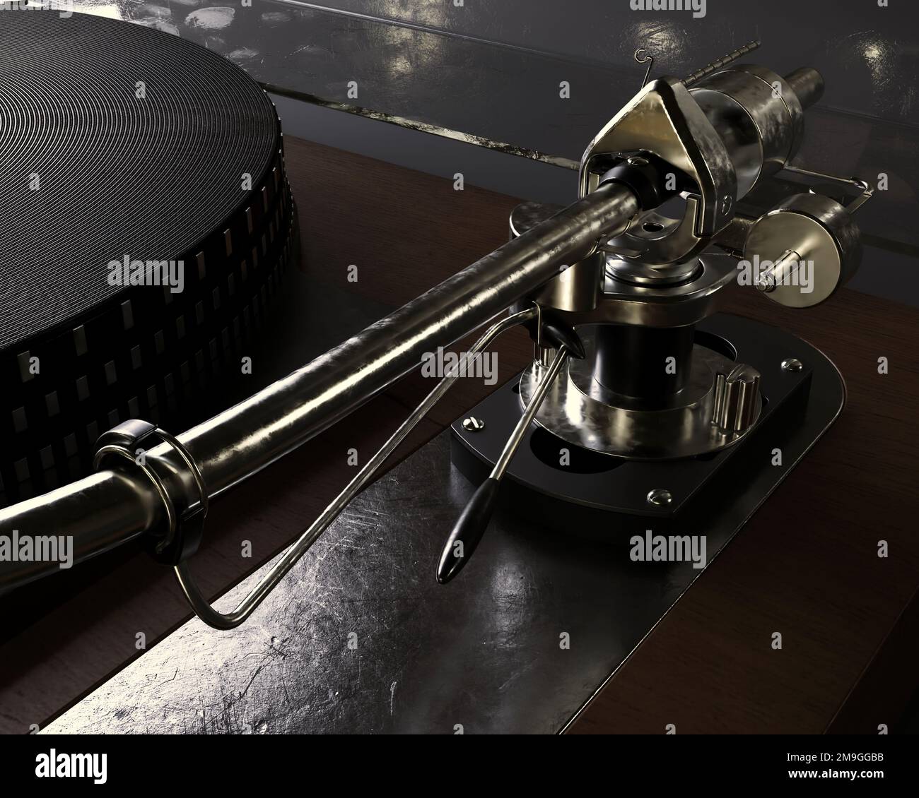 A 3D render of a turntable record player with a tone arm in a moody ...