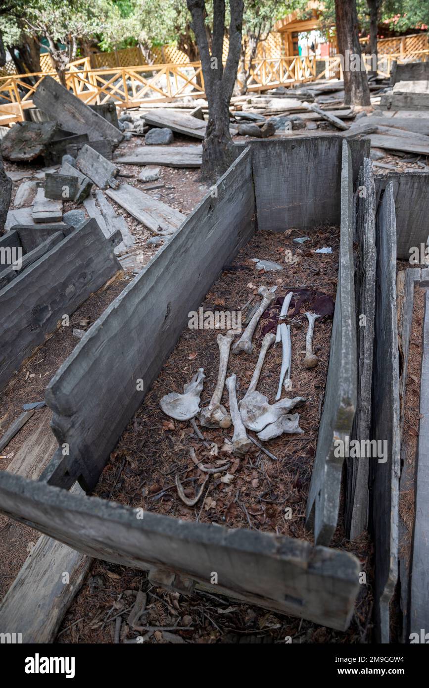 A Kalash traditional cemetery with open wooden tombs, Bumburet Valley ...