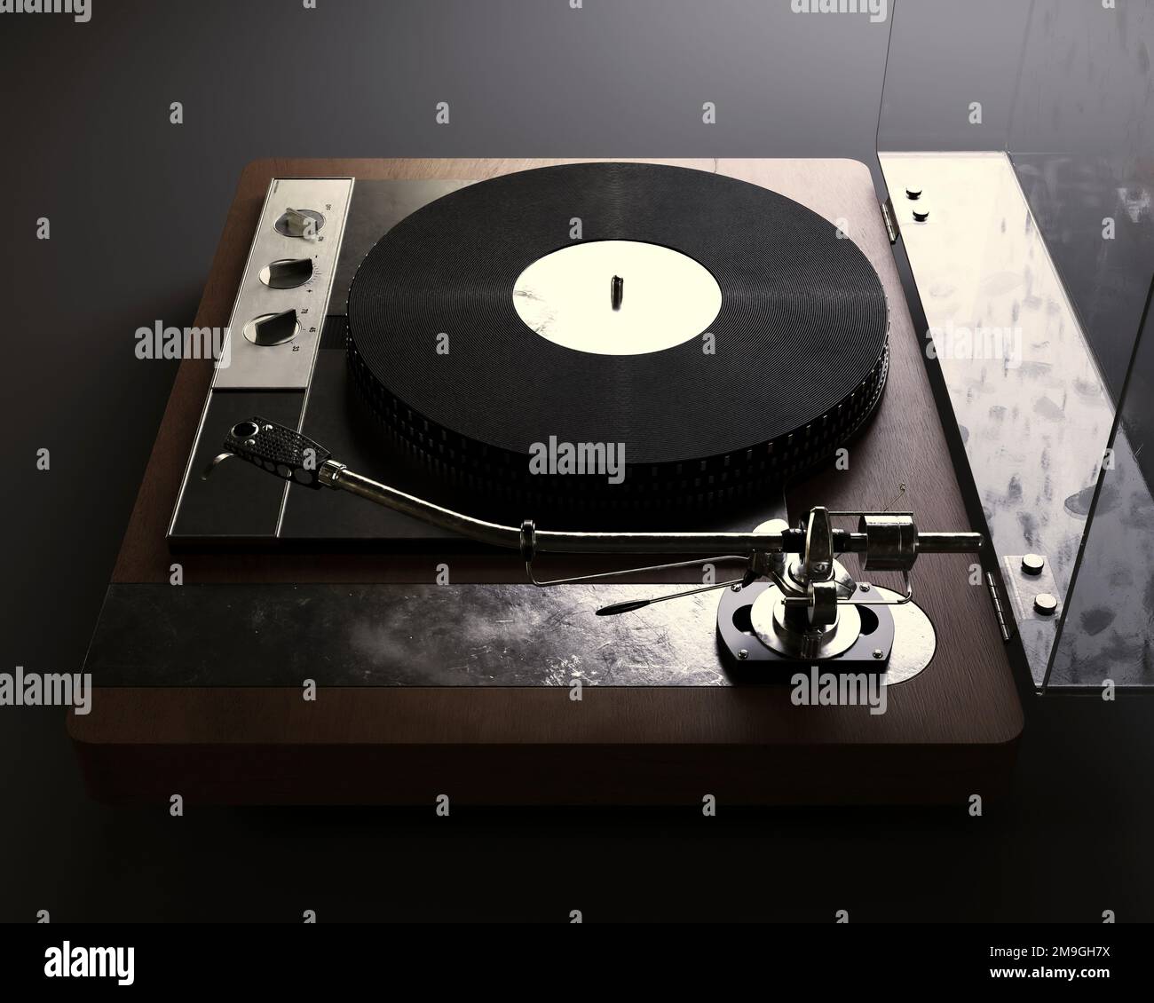 A 3D render of a turntable record player with a tone arm in a moody ...