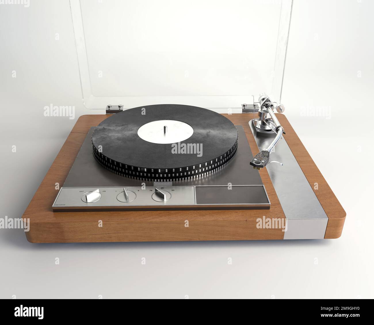 A 3D render of a turntable record player with a tone arm on a white ...