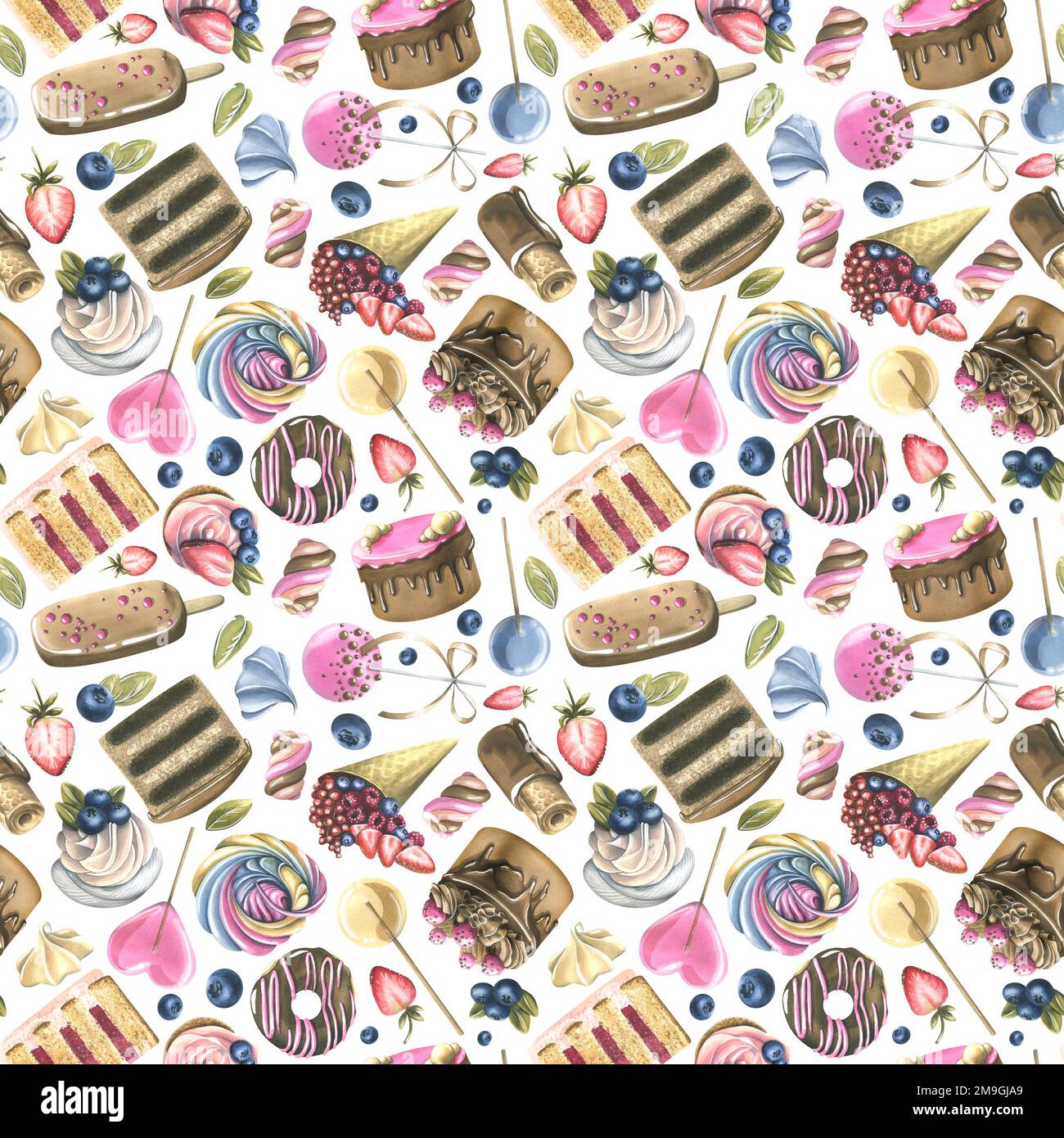 Seamless pattern with cakes, lollipops, sweets, berries. Watercolor ...