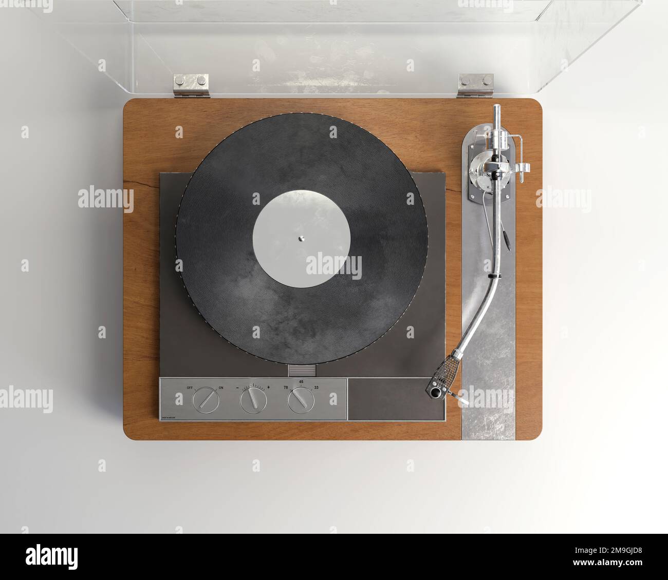 A 3D render of a turntable record player with a tone arm on a white ...