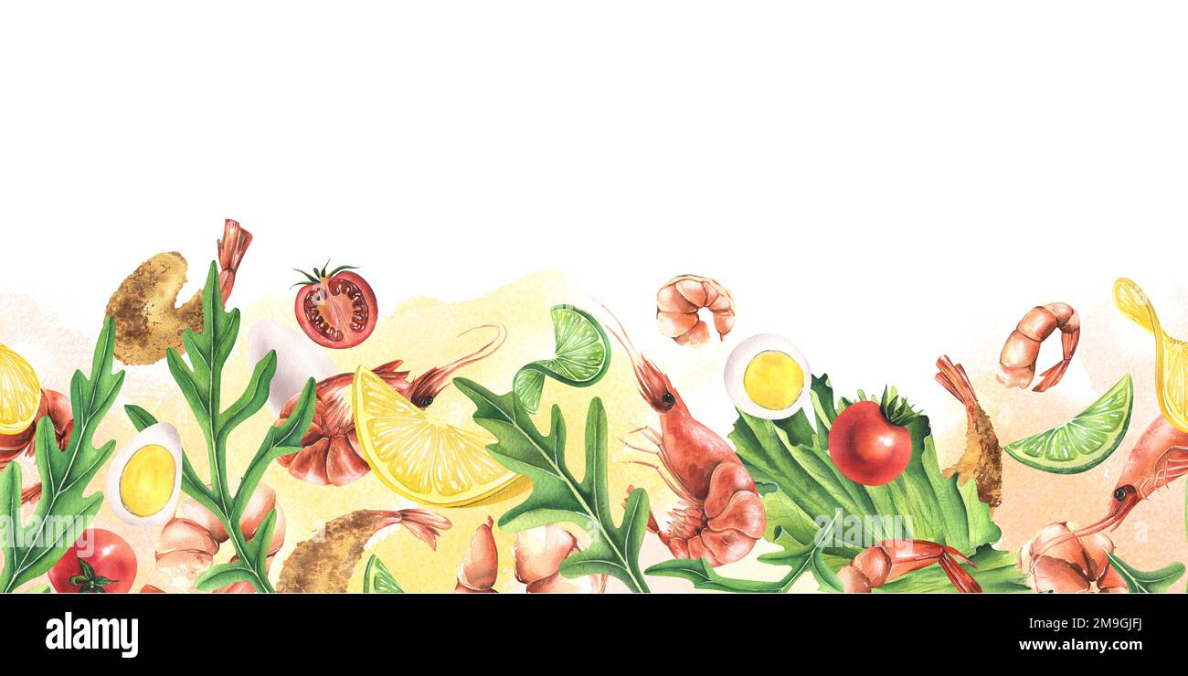 Shrimp with vegetables, eggs and herbs. Watercolor illustration ...