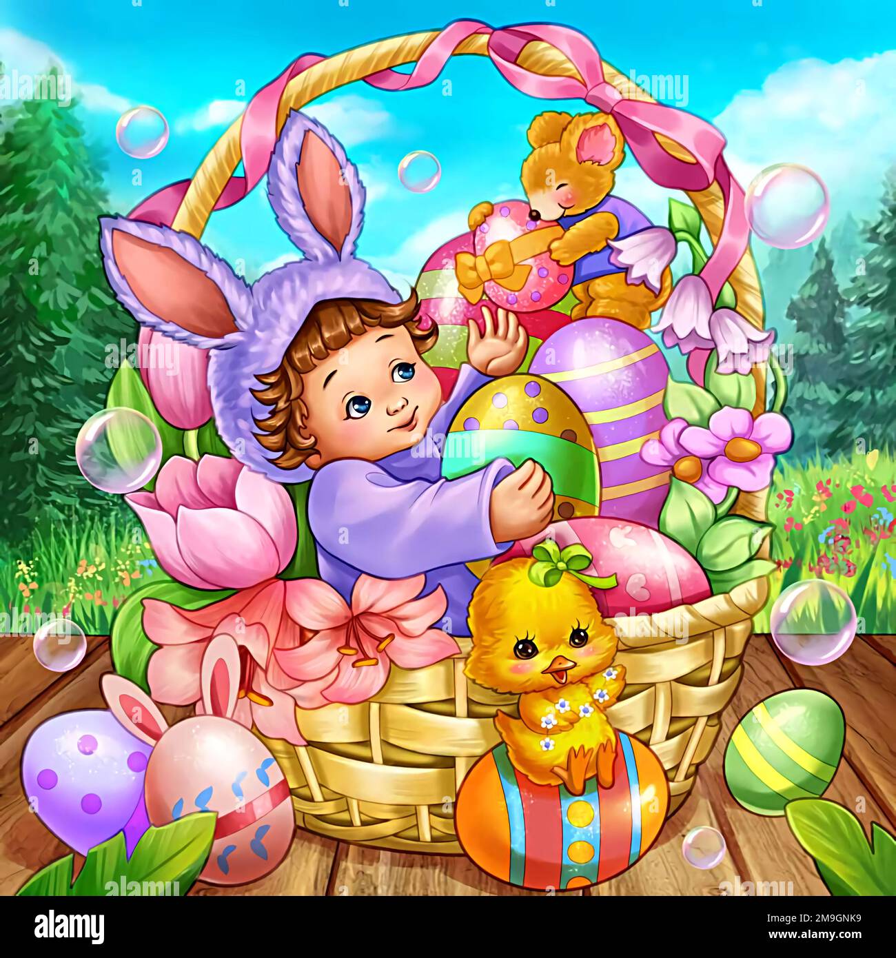 Happy Easter, easter bunny with eggs and girl Stock Photo - Alamy