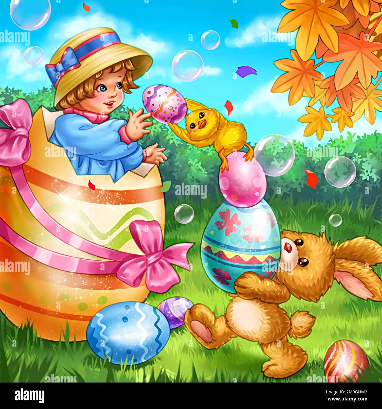 Happy Easter, easter bunny with eggs and girl Stock Photo - Alamy