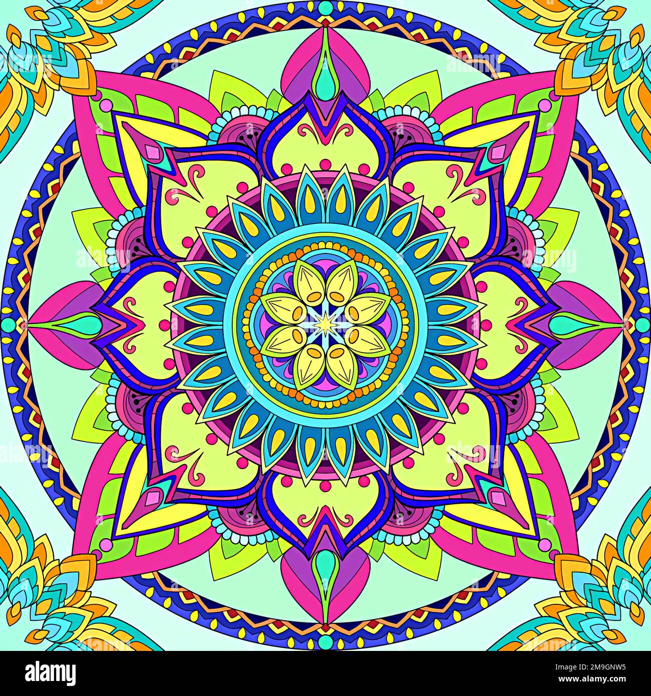 Mandala with a flower shape pattern with a mix of colors, yellow, blue ...