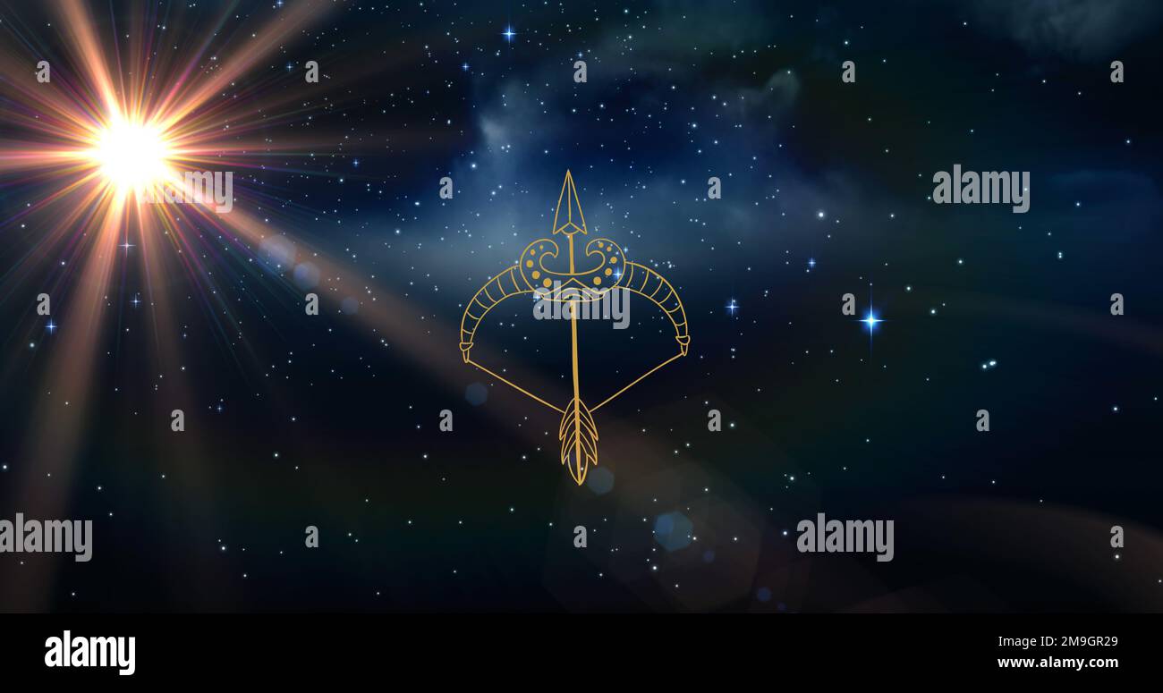 Image of sagittarius star sign over sun shining and stars on night blue ...