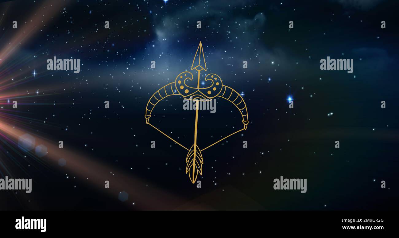 Image of sagittarius star sign over sun shining and stars on night blue ...