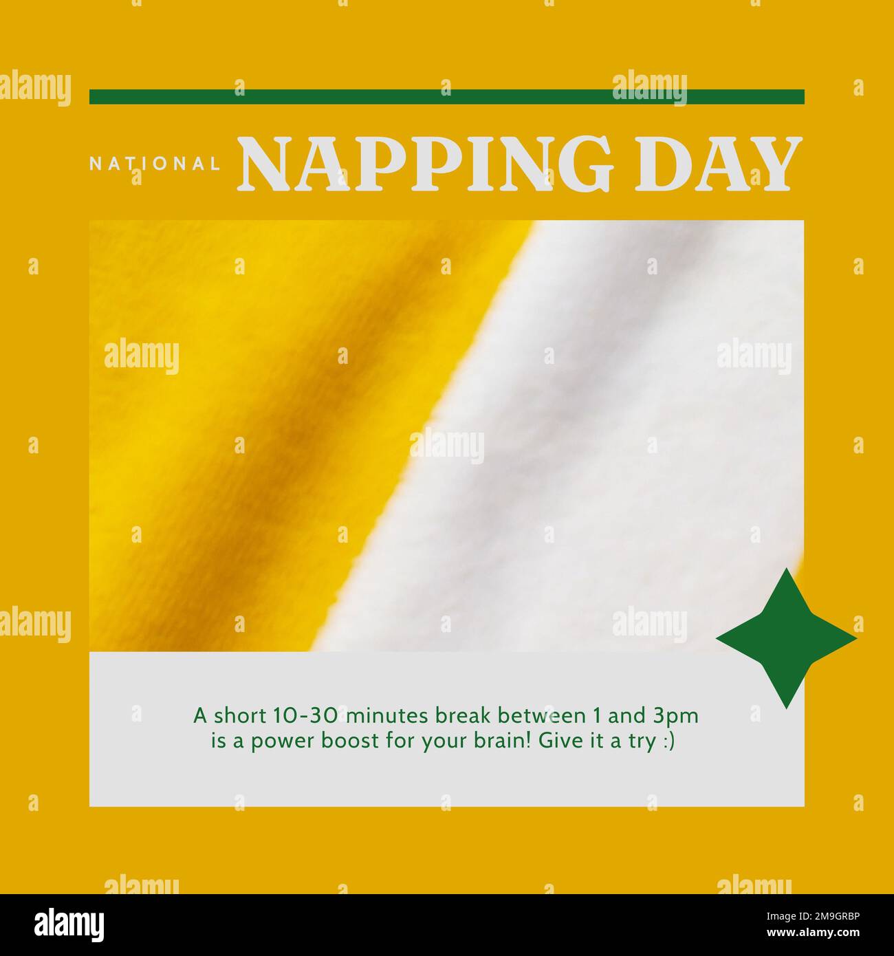 Composition of national napping day text over white and yellow ...