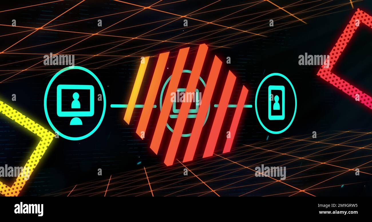 Image of hello text in yellow glowing stock interface over with masks ...