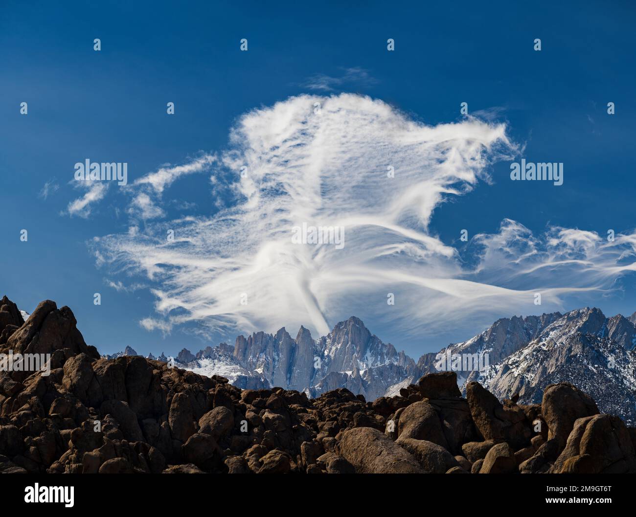 Mount Whitney and Alabama Hills under blue sky, Californian Sierra ...
