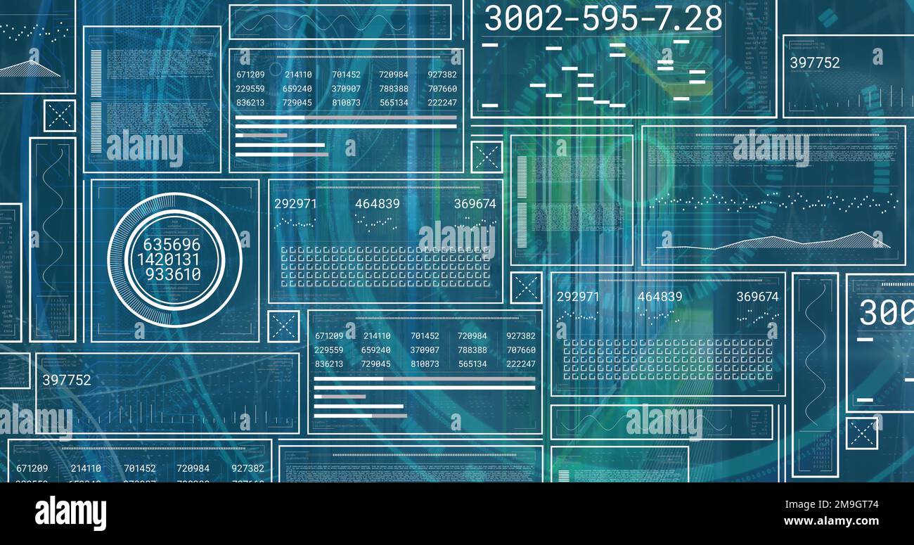 Composition of binary coding medical icons and data processing on screen on black background ...