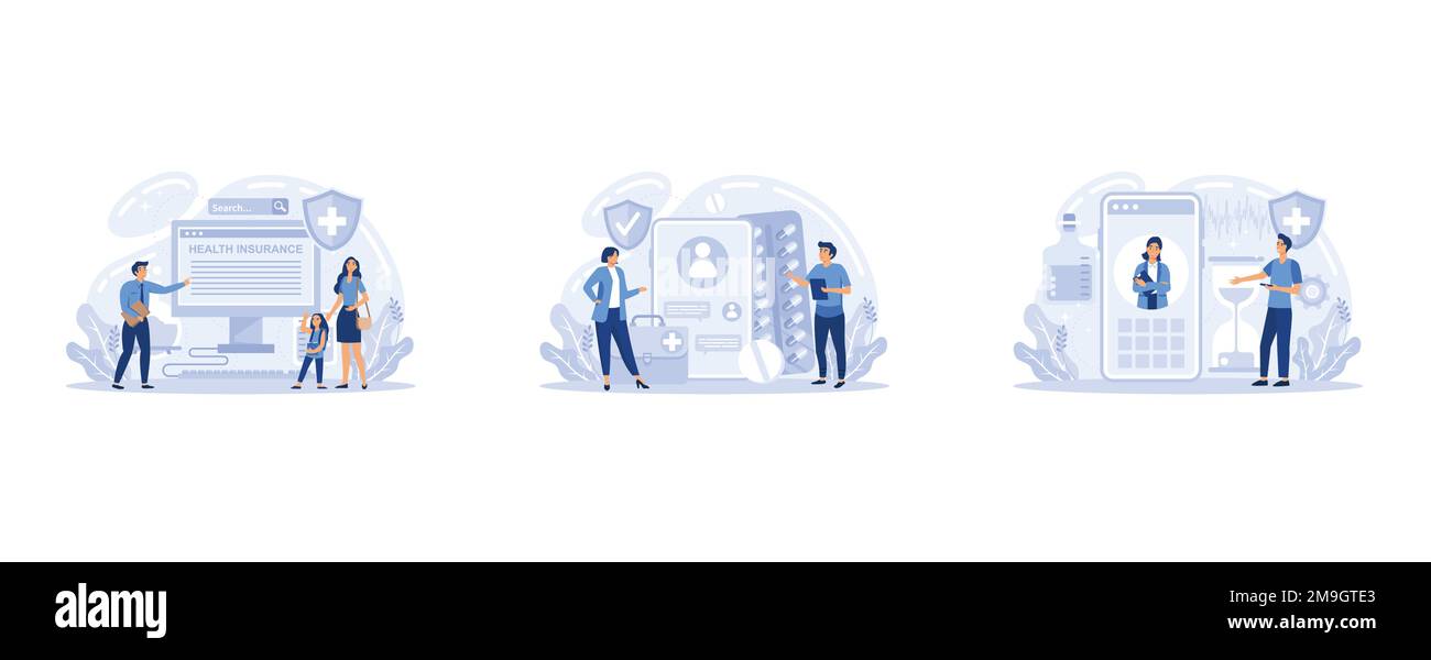 Health insurance concept set. People and doctor standing at the big ...