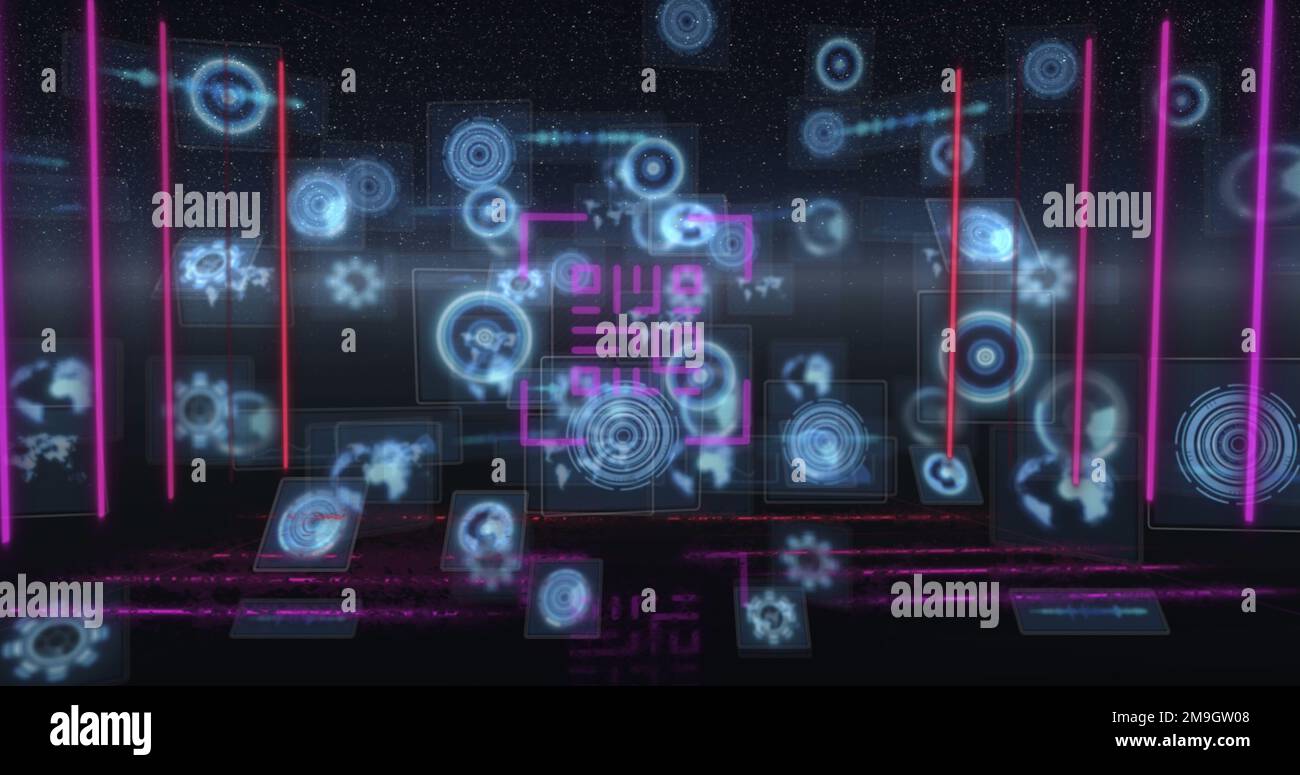 Image of neon qr code with lines over data processing and scope ...