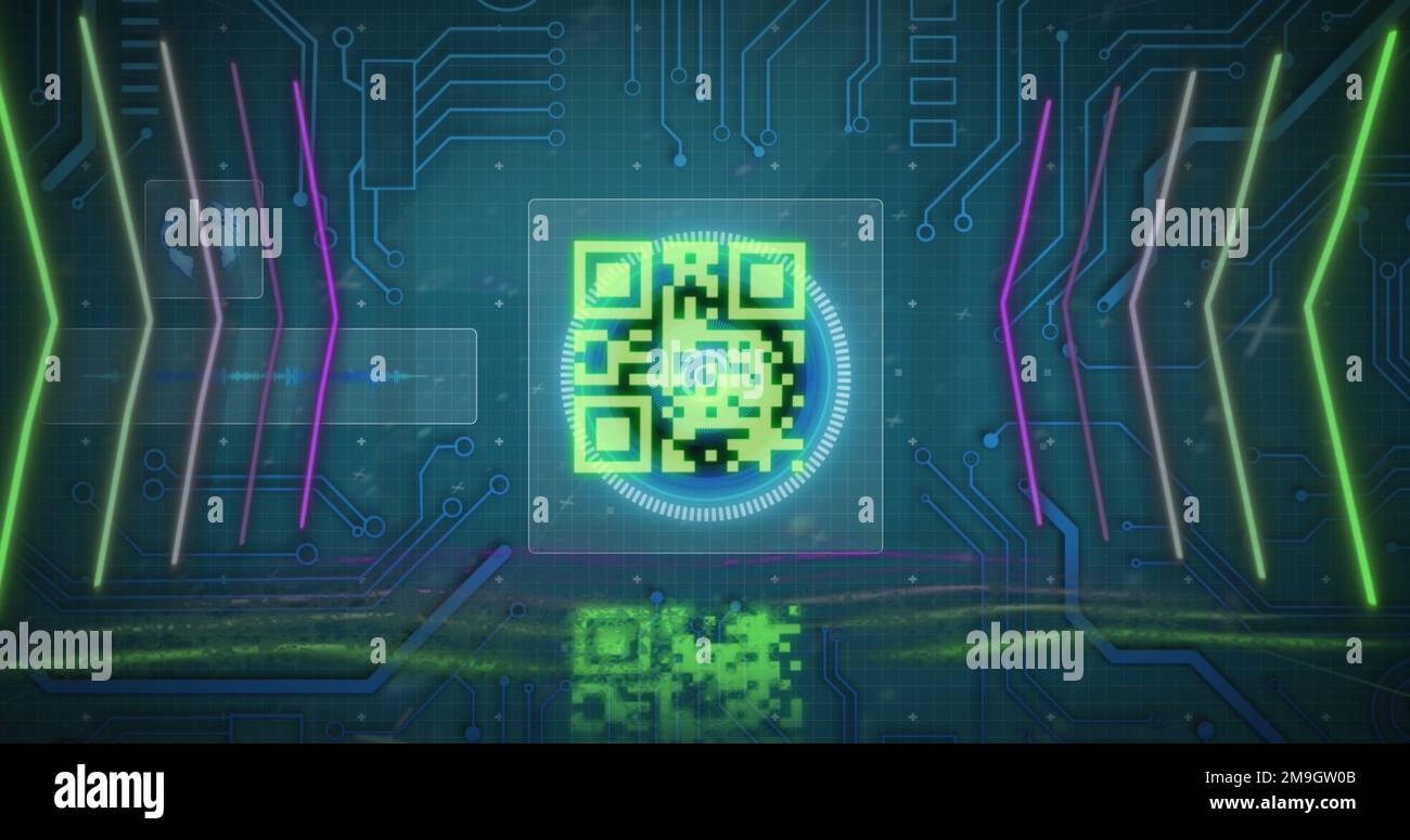 Image of qr code over circles with arrows against circuit board pattern ...