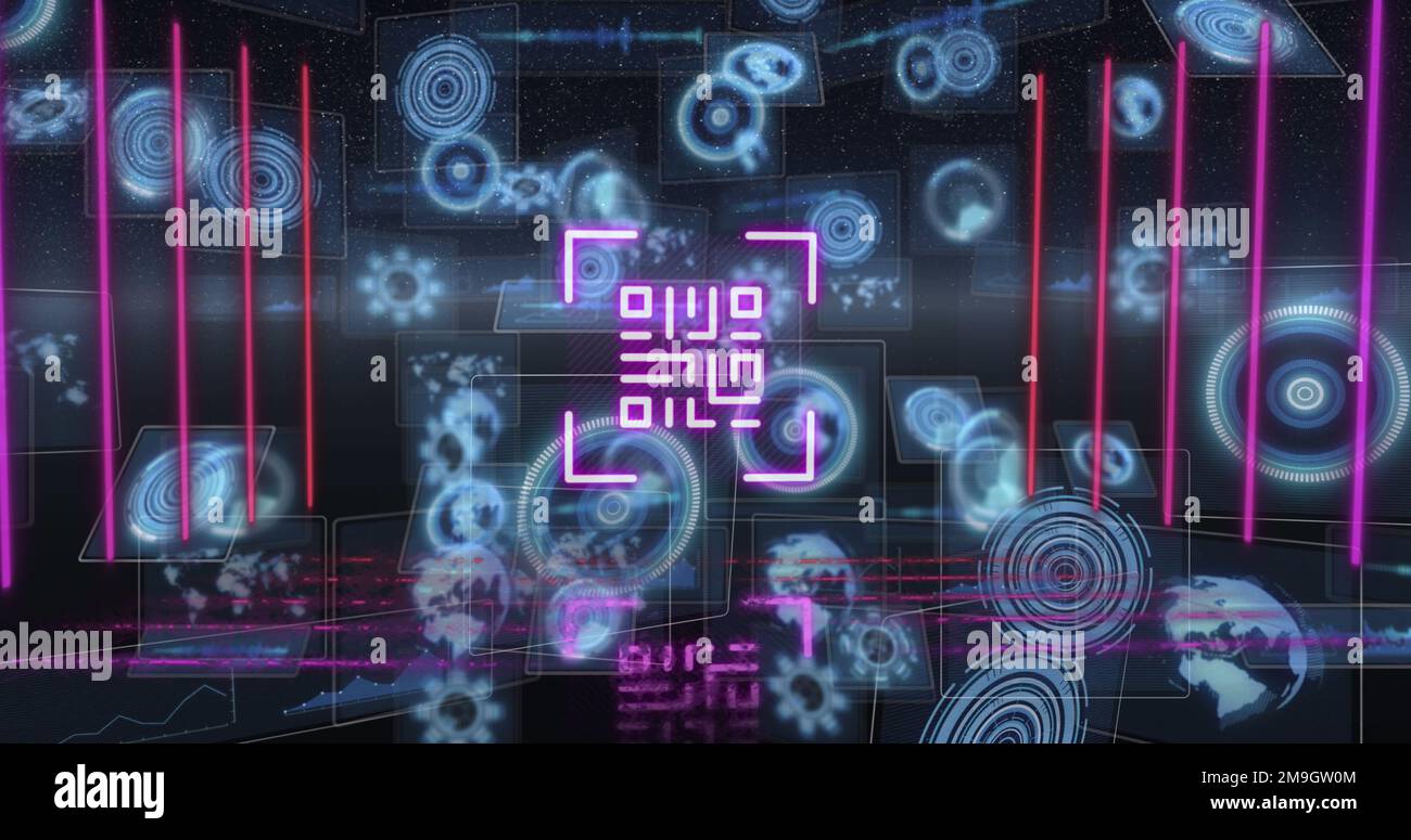 Image Of Neon Qr Code With Lines Over Data Processing And Scope