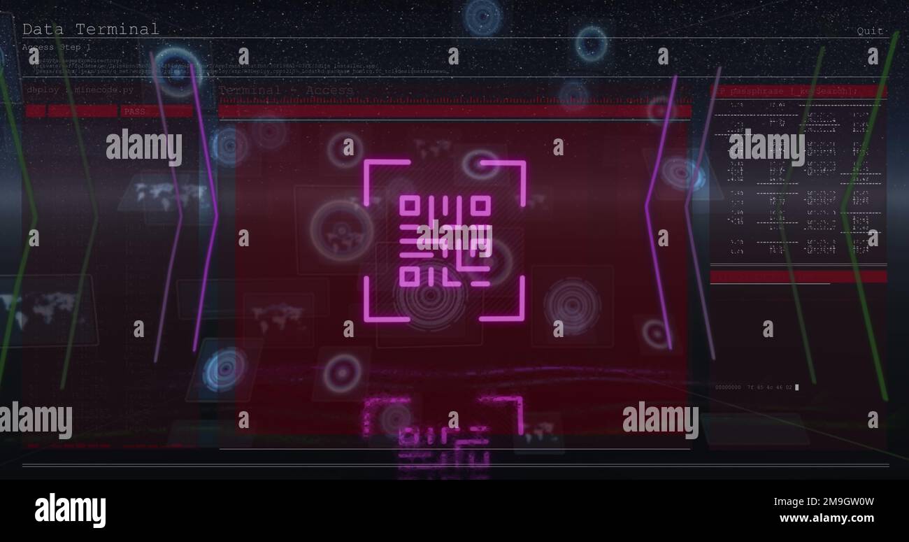 Image of qr code over scope scanning and data processing on black background Stock Photo - Alamy