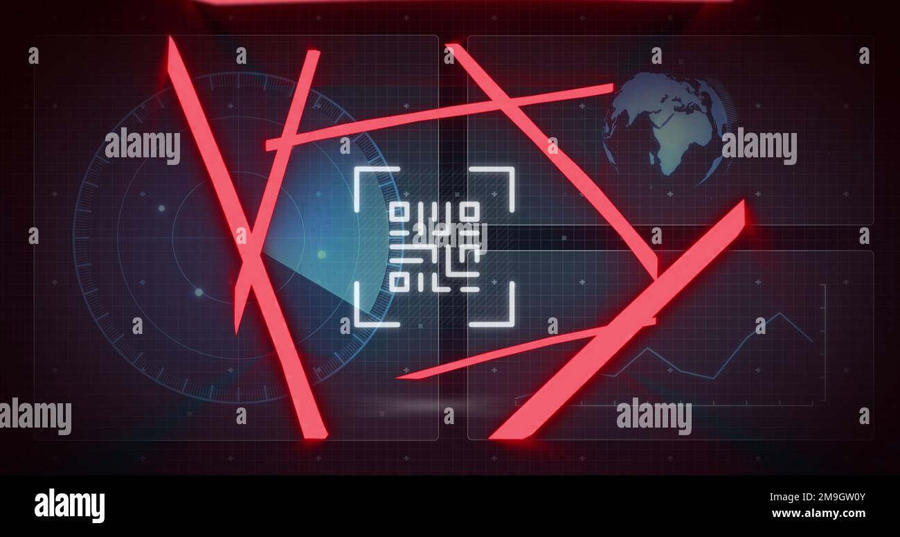 Image of neon qr code with lines over data processing and scope ...