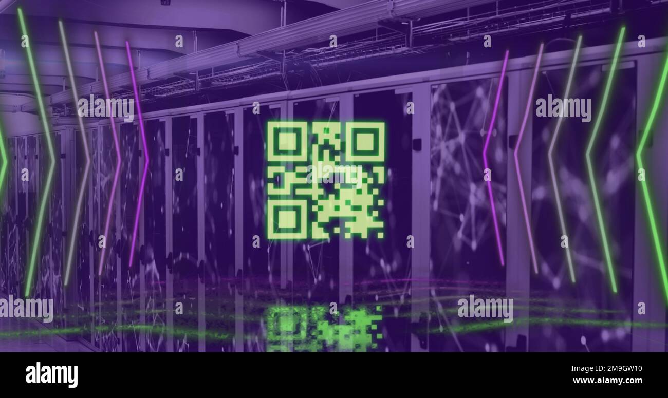 Image of yellow qr code and neon lights over networks and computer ...