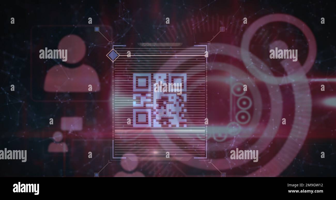 Image of qr code over network of connections and icons on black ...