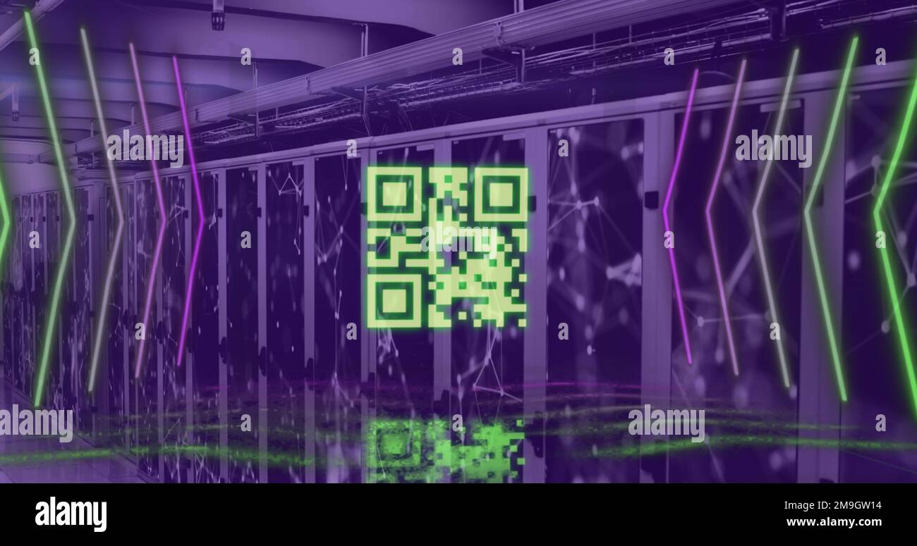Image of yellow qr code and neon lights over networks and computer ...