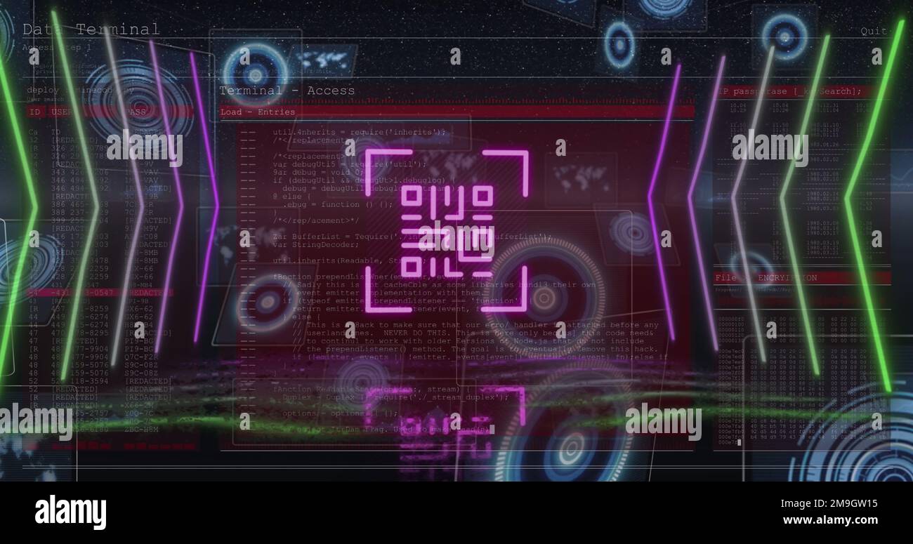 Image of qr code over scope scanning and data processing on black background Stock Photo - Alamy
