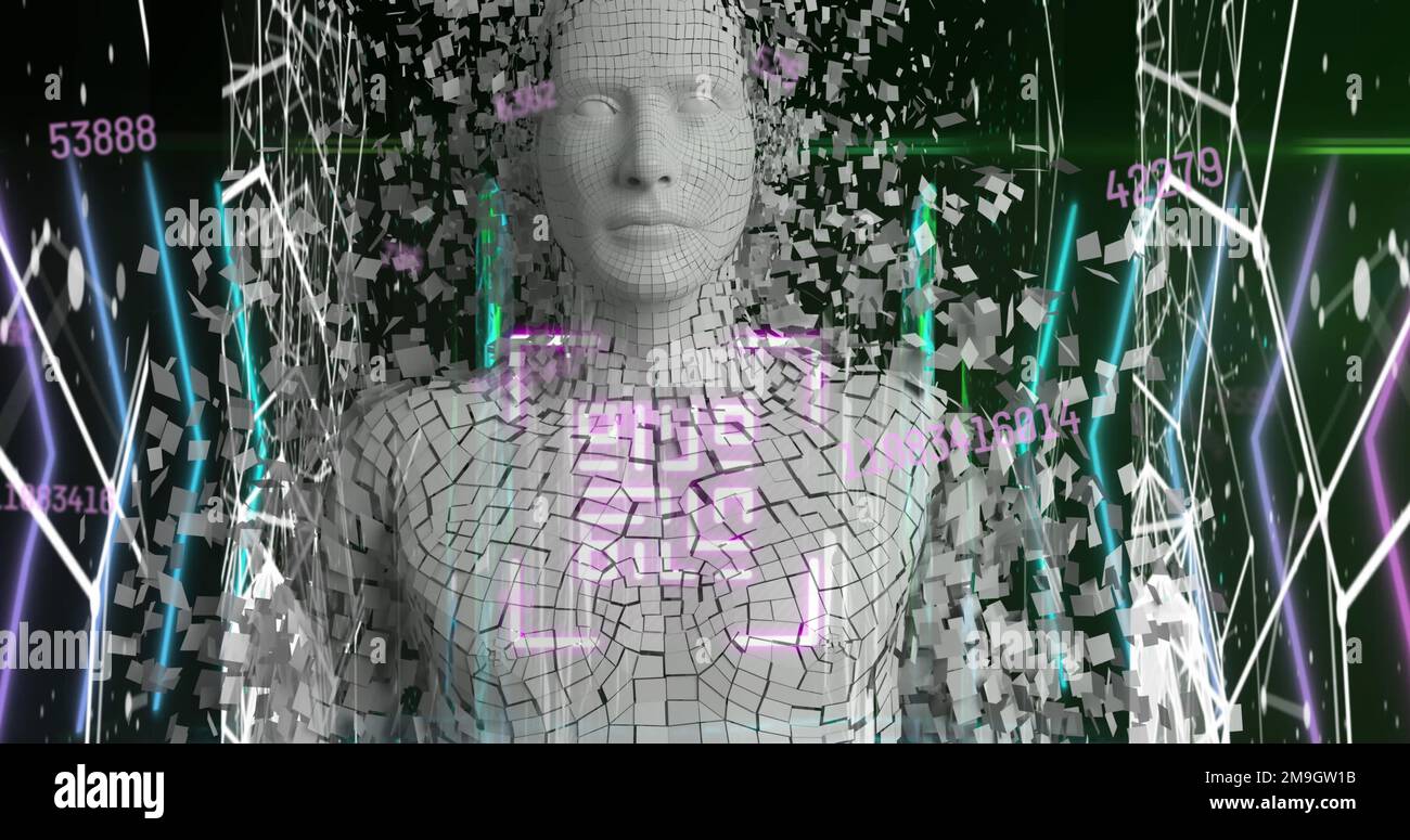 Image of data processing with qr code and digital human over shapes on ...