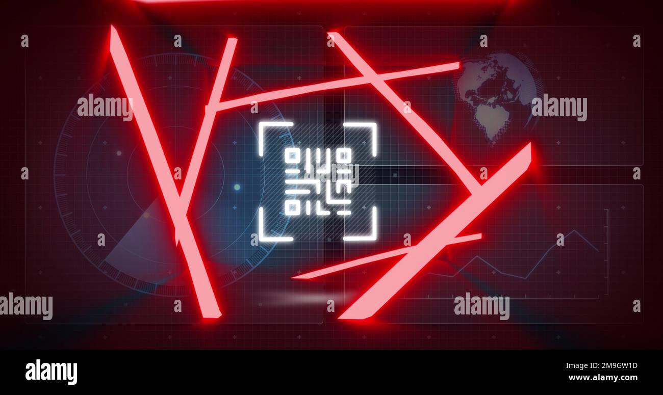 Image of neon qr code with lines over data processing and scope ...