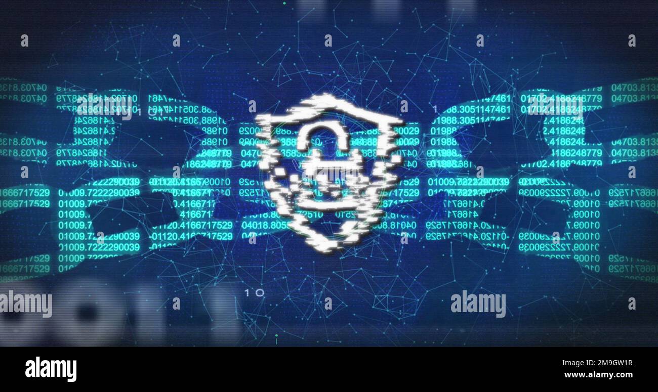 Image of digital shield with padlock and block chain over binary code and navy background Stock ...
