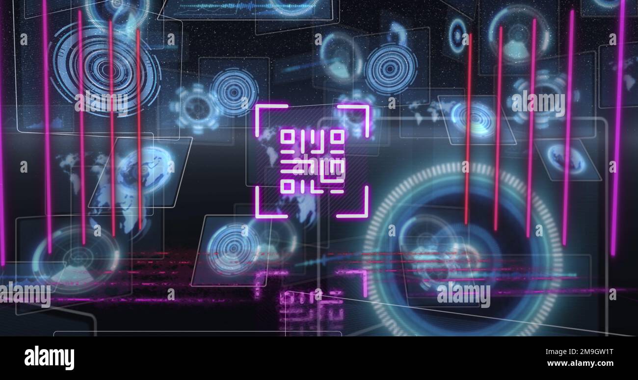 Image Of Neon Qr Code With Lines Over Data Processing And Scope
