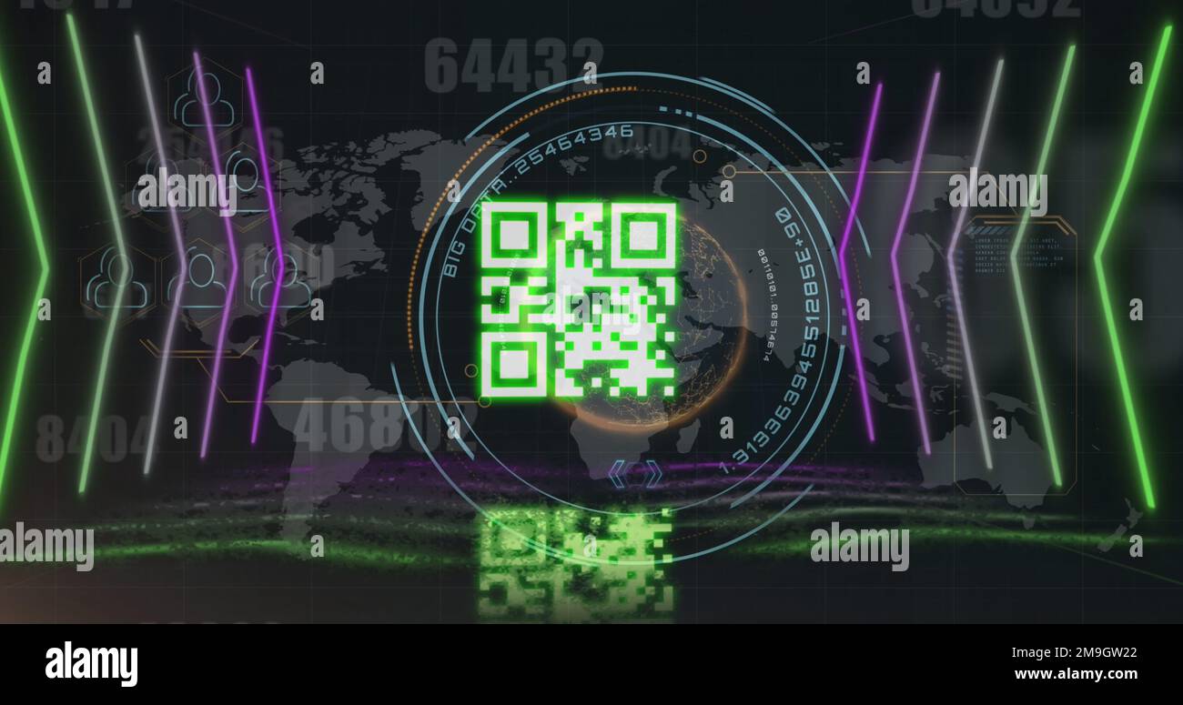 Image of qr code over neon shapes and scope scanning on black ...