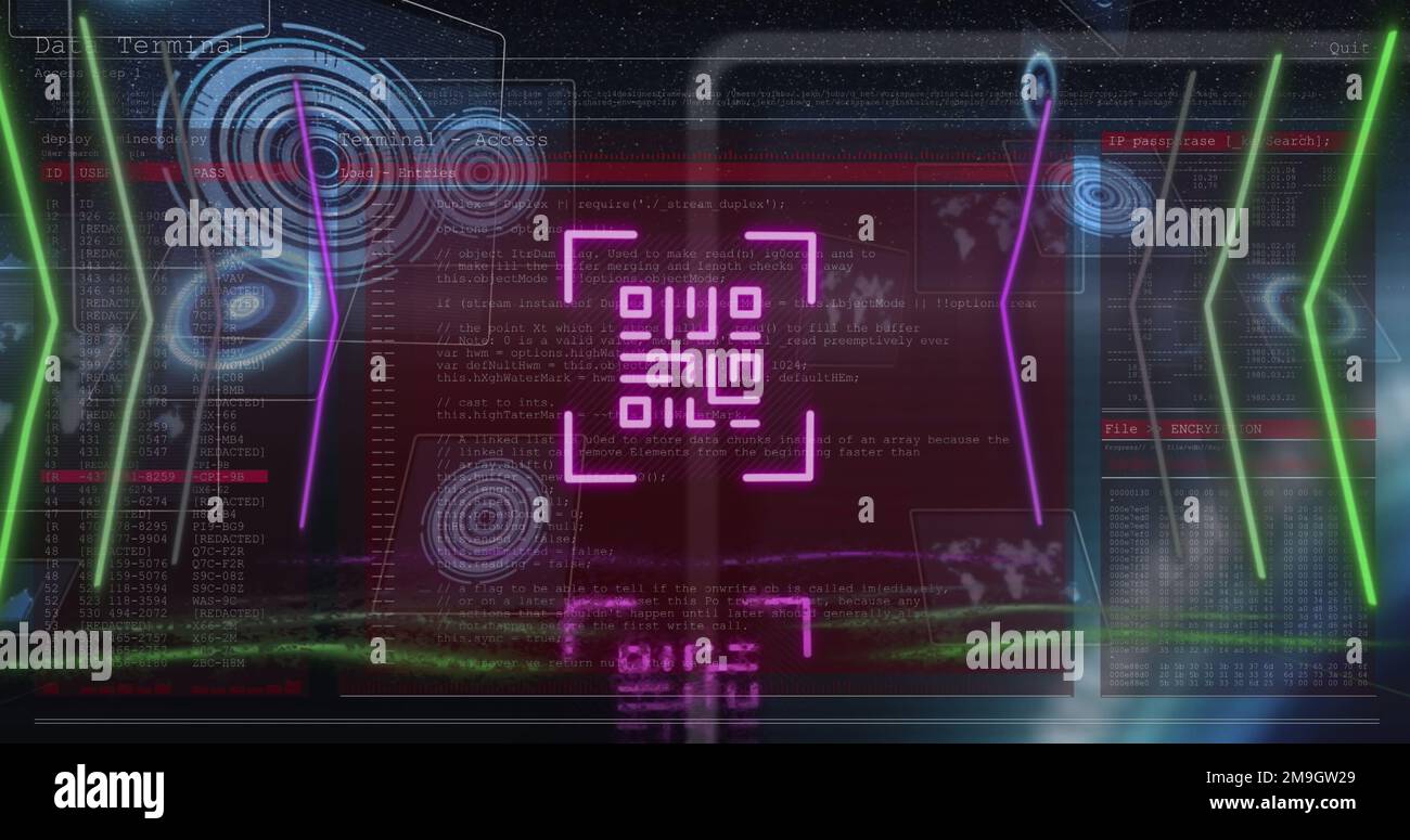 Image of qr code over scope scanning and data processing on black background Stock Photo - Alamy