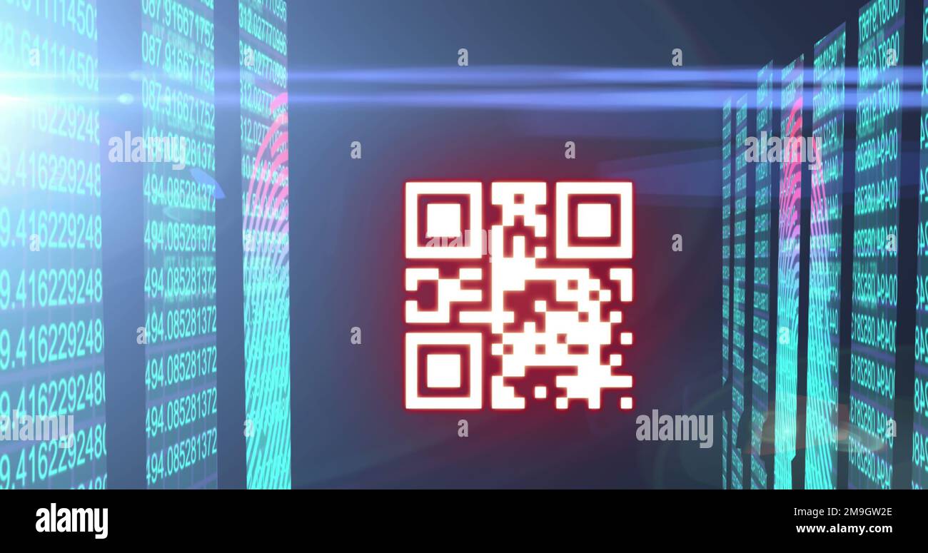 Image of fingerprints and multiple numbers, lens flare and qr code against black background ...