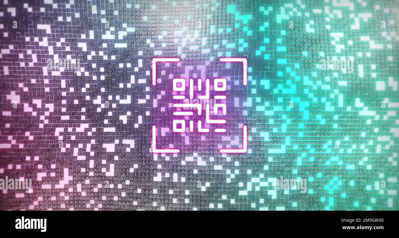 Image of digital neon qr code flickering over purple and green mosaic ...