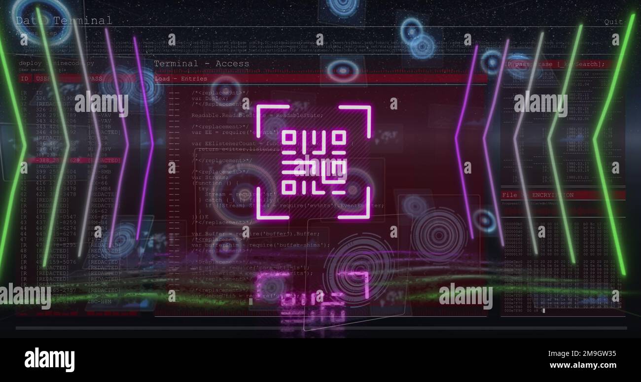 Image of qr code over scope scanning and data processing on black background Stock Photo - Alamy
