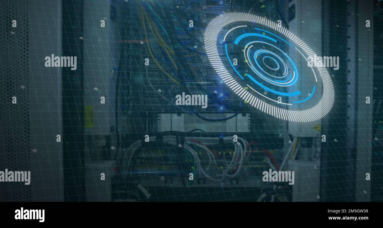 Image of scope scanning and data processing over stock market on black ...