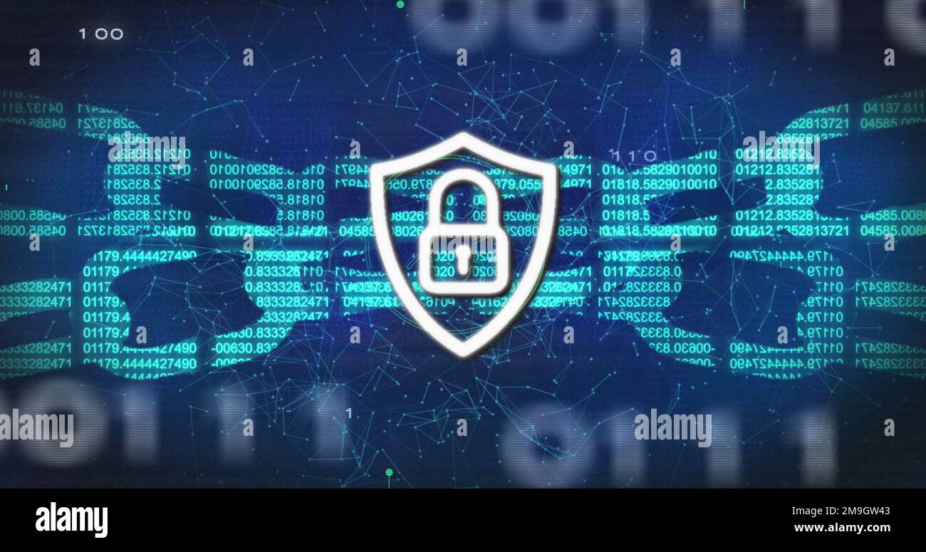 Image of digital shield with padlock and block chain over binary code and navy background Stock ...