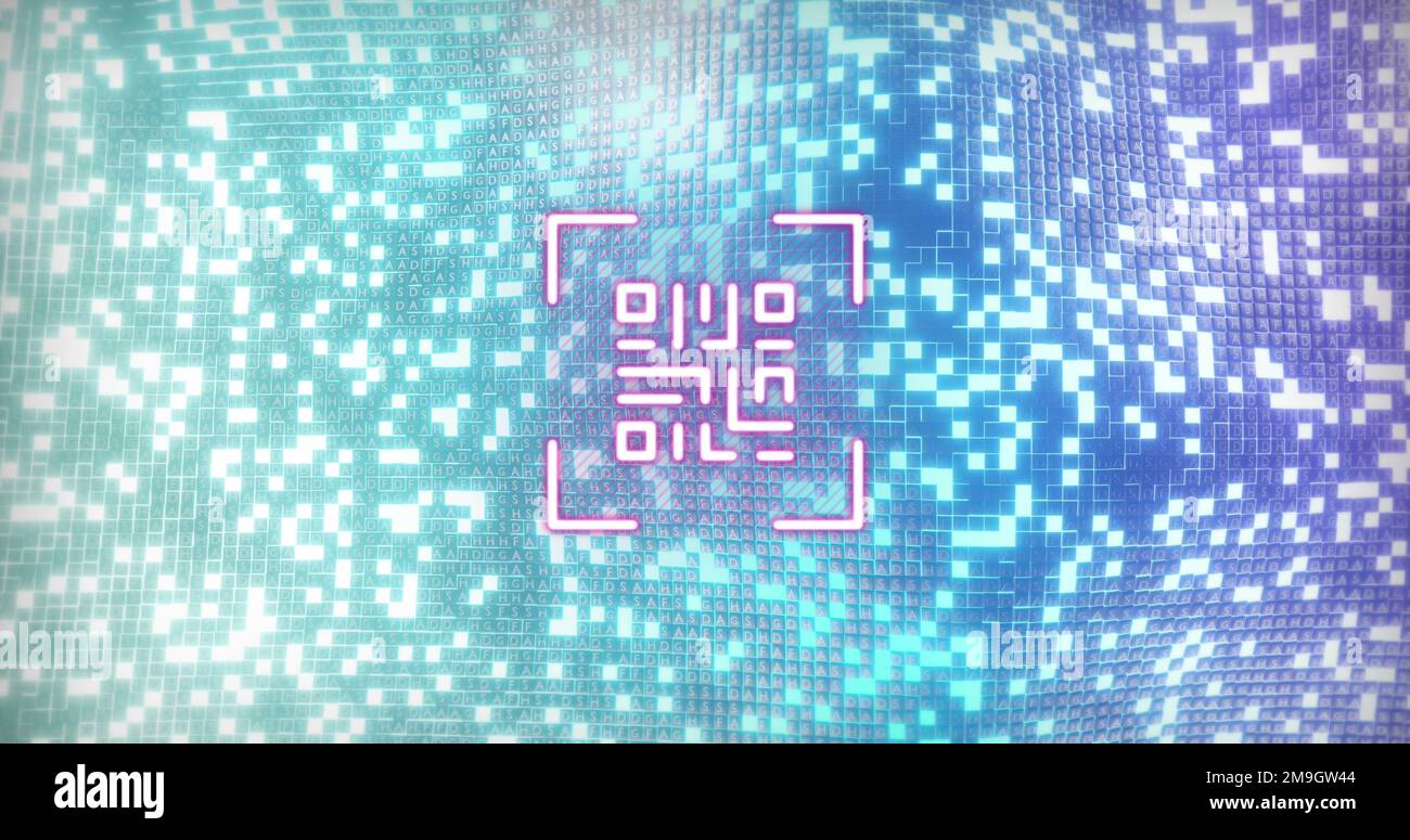 Image of digital neon qr code flickering over purple and green mosaic ...
