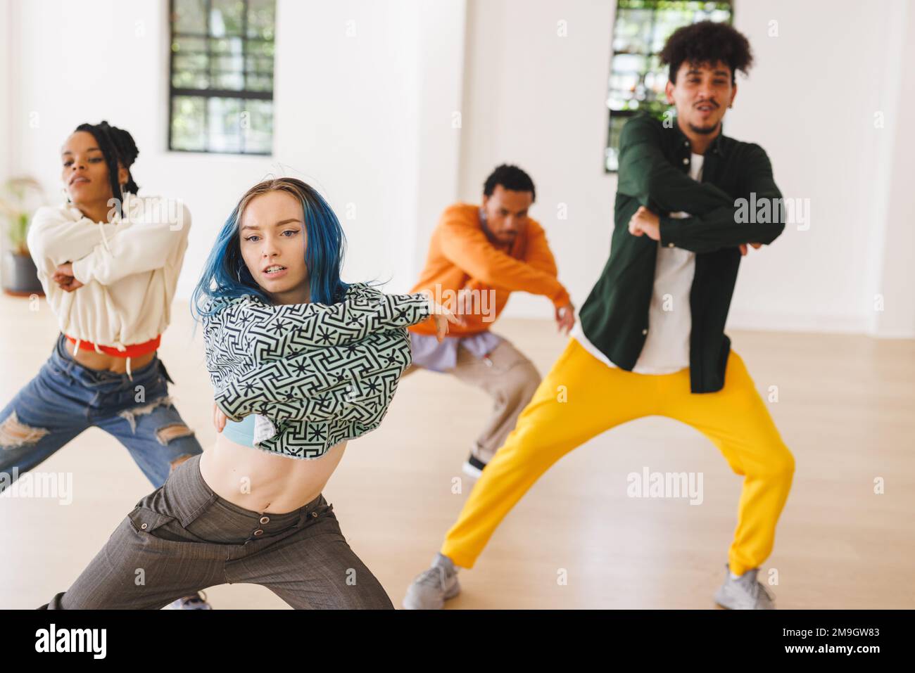 Image of diverse female and male hip hop dancers during training in ...